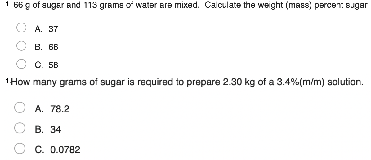Solved 1.66 g of sugar and 113 grams of water are mixed. | Chegg.com