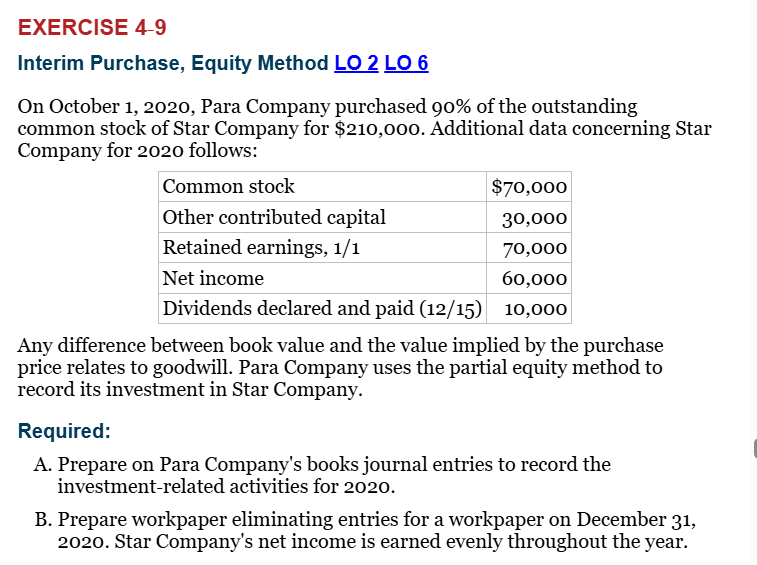 Solved EXERCISE 4-9Interim Purchase, Equity Method LO 2 ﻿LO | Chegg.com