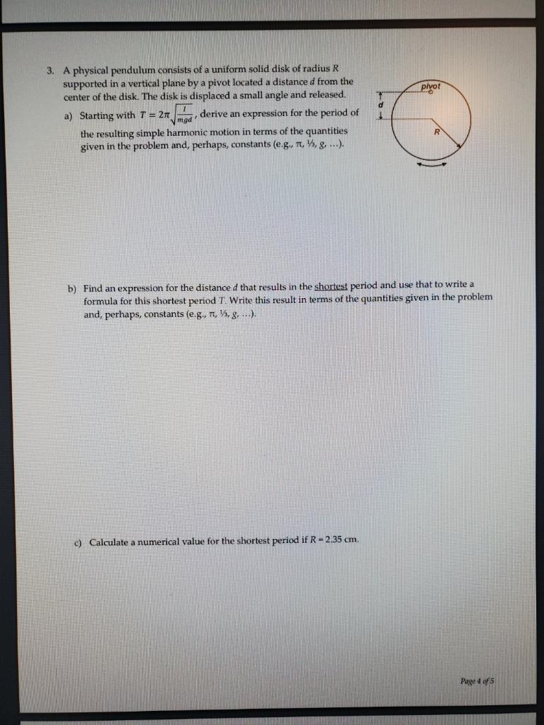 Solved pivot d 3. A physical pendulum consists of a uniform | Chegg.com
