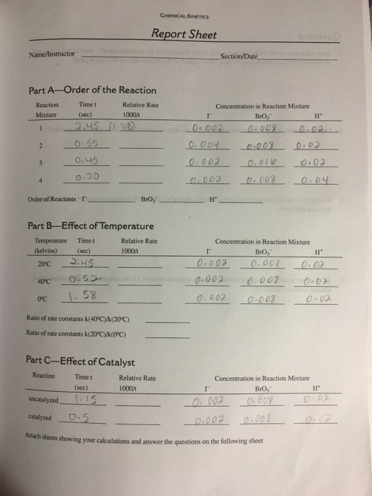 Solved CHEMICAL KINETICS Report Sheet Name/Instructor | Chegg.com