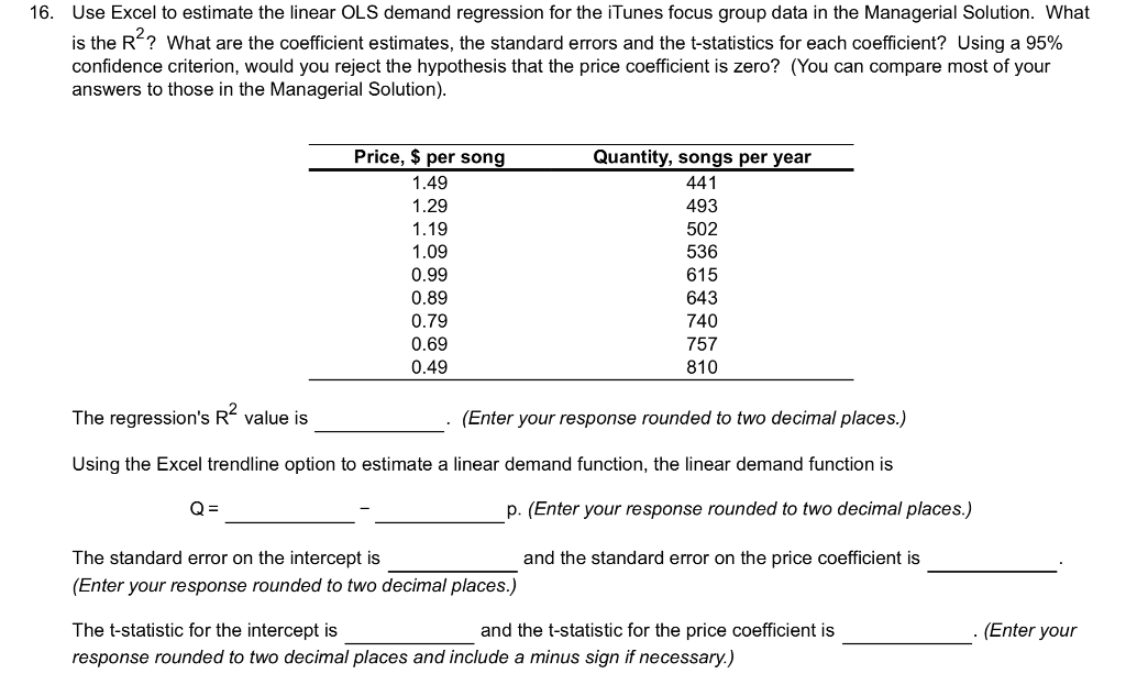 Solved 16. Use Excel to estimate the linear OLS demand | Chegg.com