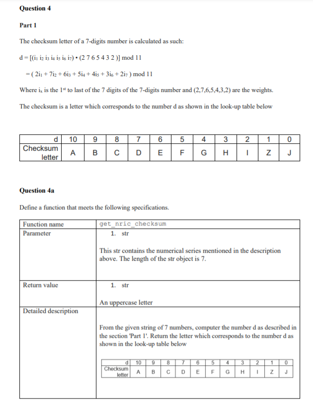 Solved The checksum letter of a 7-digits number is | Chegg.com
