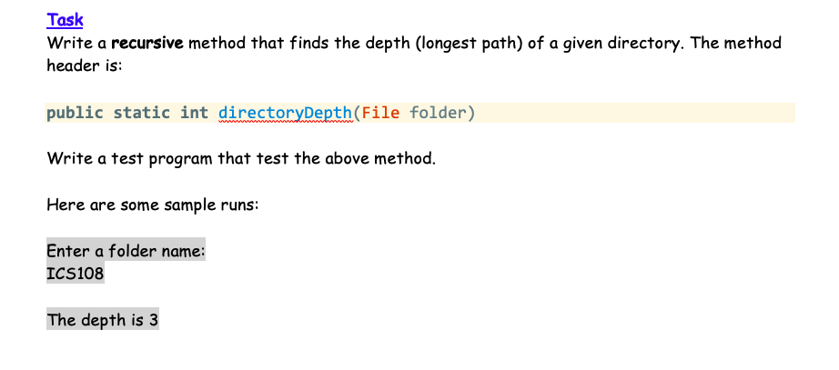 Solved Task Write a recursive method that finds the depth | Chegg.com