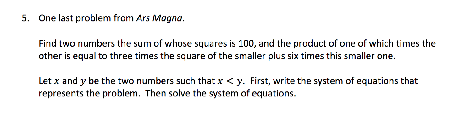 Solved 5. One last problem from Ars Magna. Find two numbers | Chegg.com