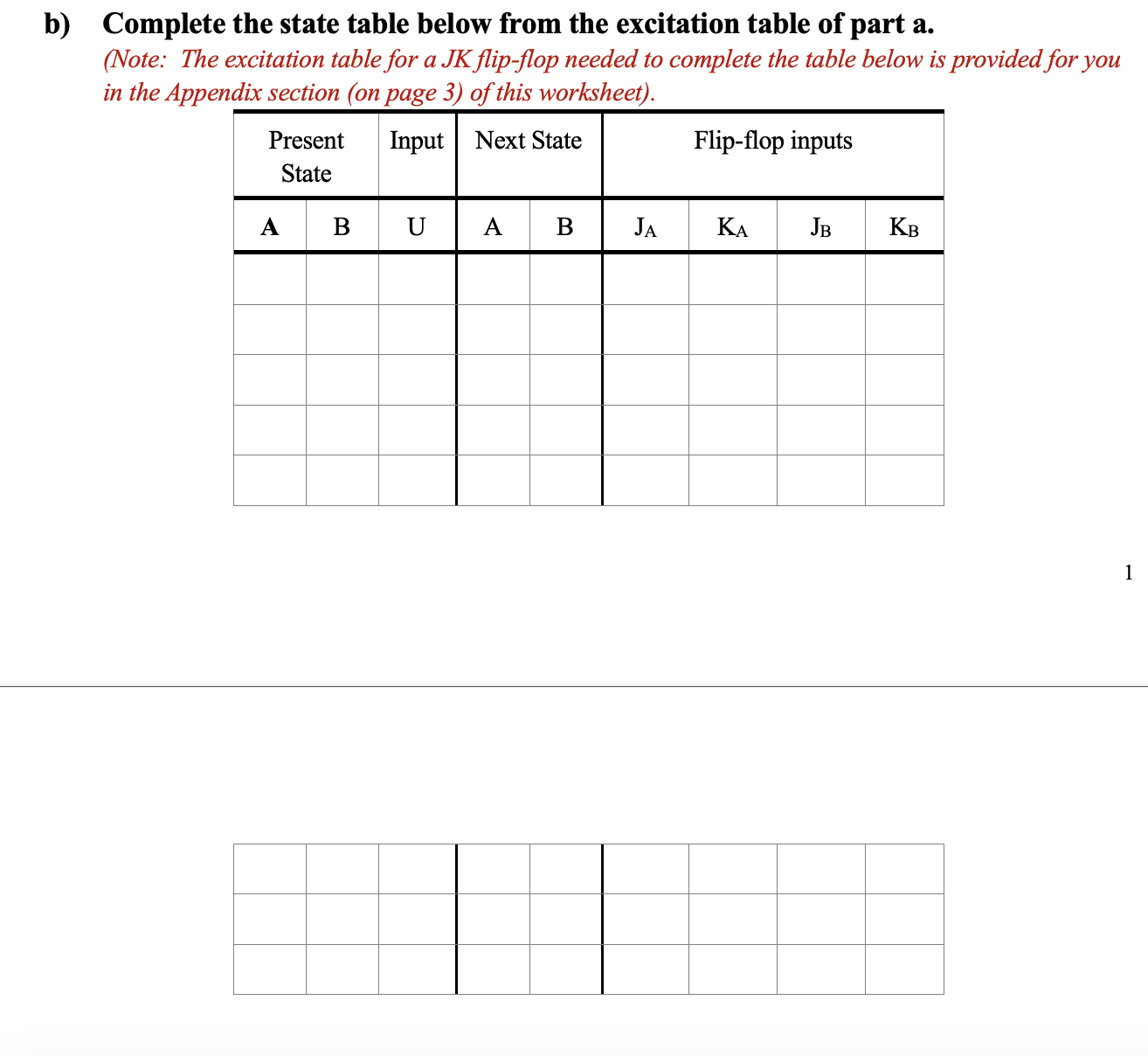 b) Complete the state table below from the excitation | Chegg.com