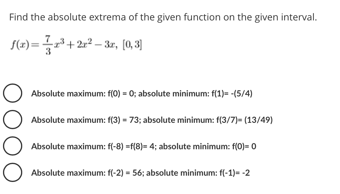 Solved Find the absolute extrema of the given function on | Chegg.com