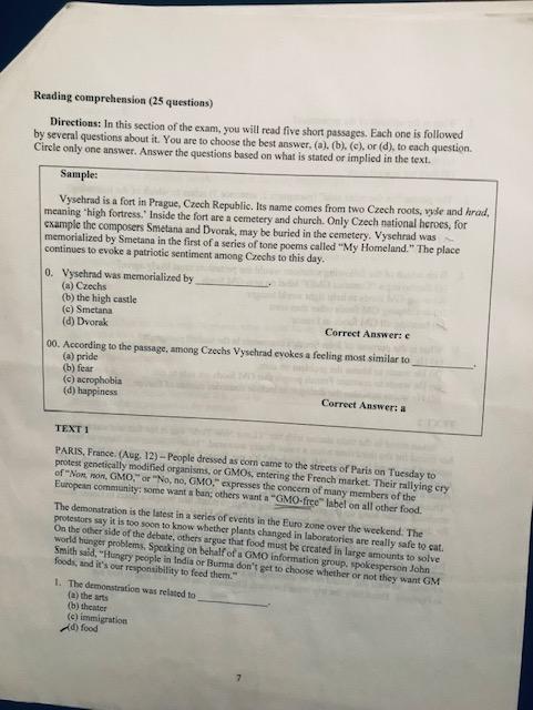 Solved Reading comprehension (25 questions) Directions: In | Chegg.com