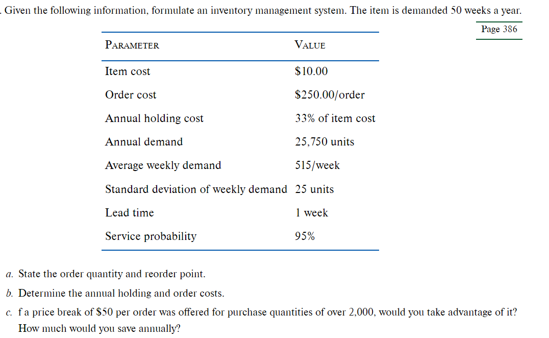 Solved a. State the order quantity and reorder point. b. | Chegg.com
