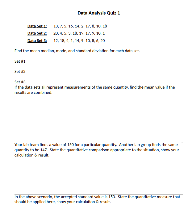 Solved If the data sets all represent measurements of the | Chegg.com