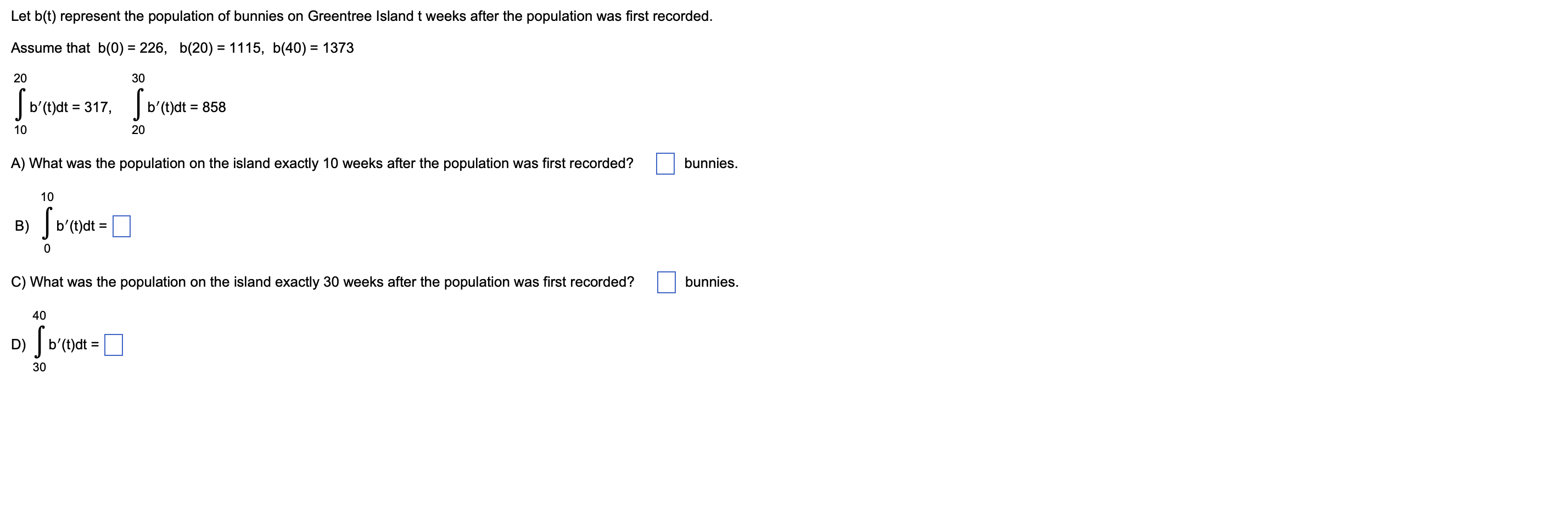 Solved Let b(t) represent the population of bunnies on | Chegg.com