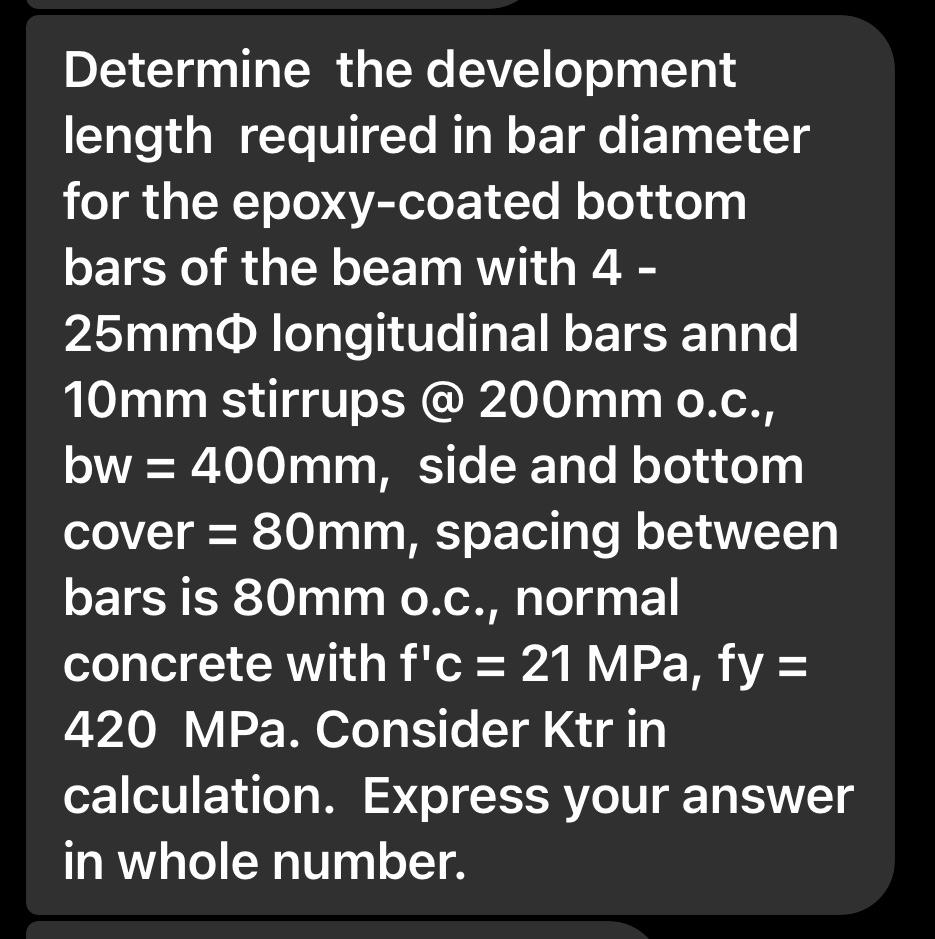 Solved Determine the development length required in bar | Chegg.com