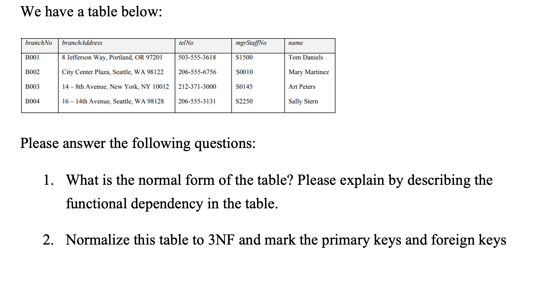 Solved We have a table below: branchNo branchAddress telNo | Chegg.com