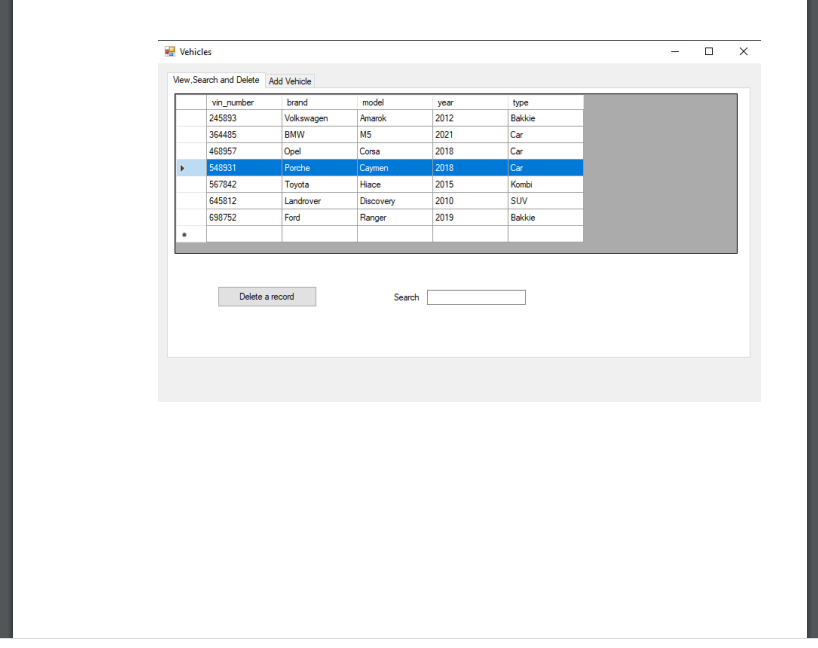 Solved INSERT & DELETE & SEARCH type SUV Bakkie 1. Create a | Chegg.com