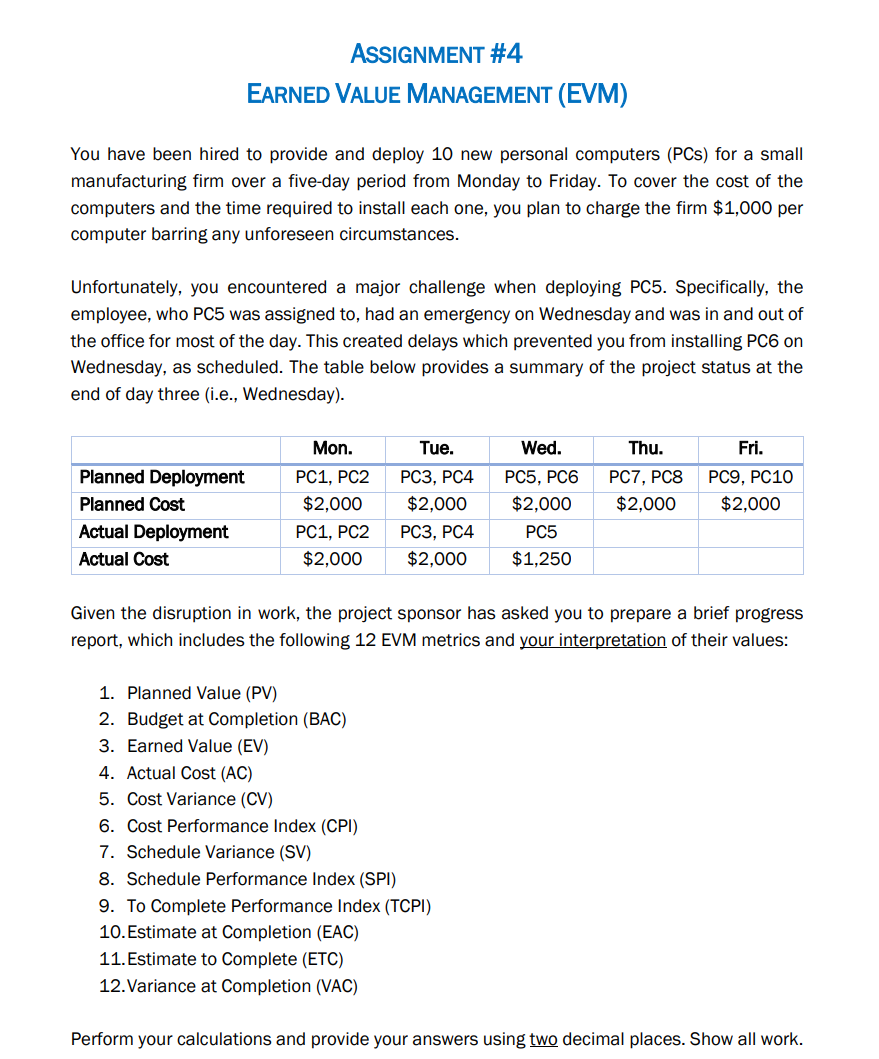 Solved ASSIGNMENT #4 EARNED VALUE MANAGEMENT (EVM) You have | Chegg.com
