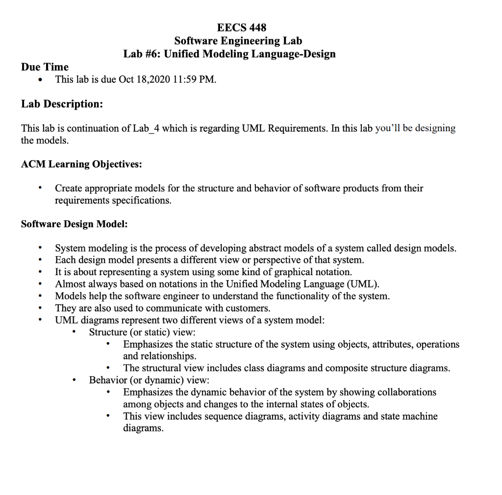 Solved EECS 448 Software Engineering Lab Lab #6: Unified | Chegg.com