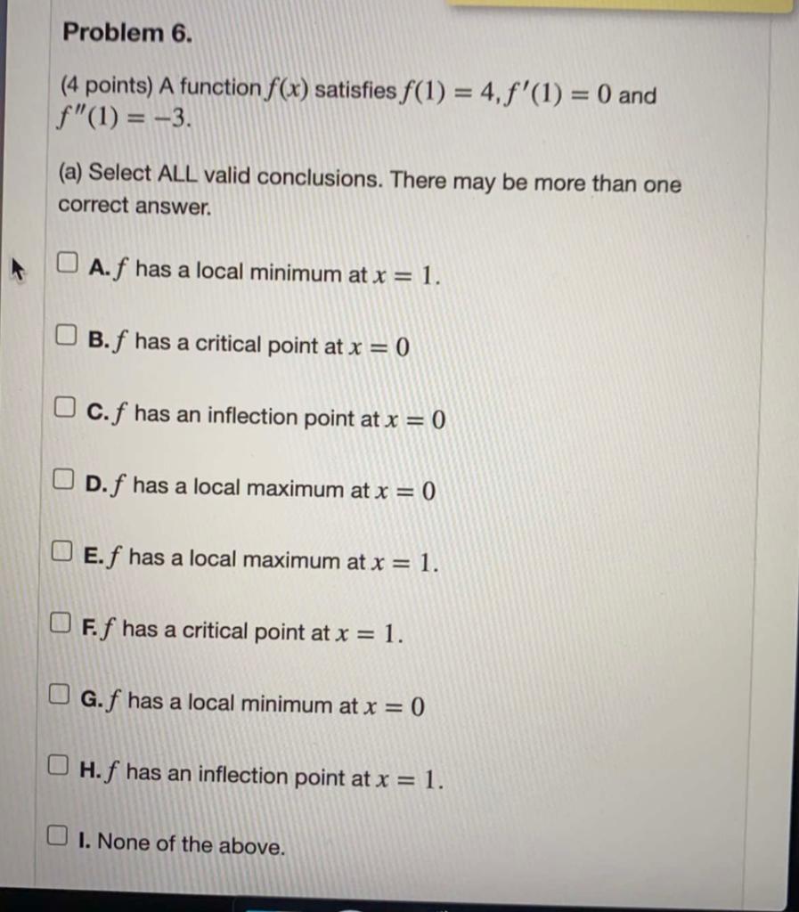 Solved Problem 6. (4 points) A function f(x) satisfies f(1) | Chegg.com