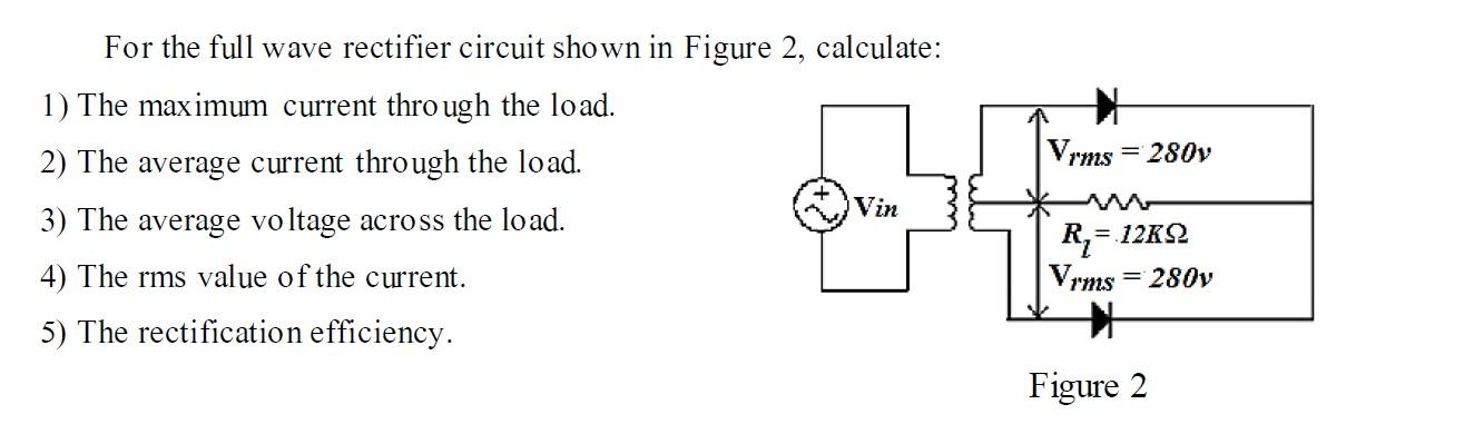 Solved Vrms = 280v For the full wave rectifier circuit shown | Chegg.com