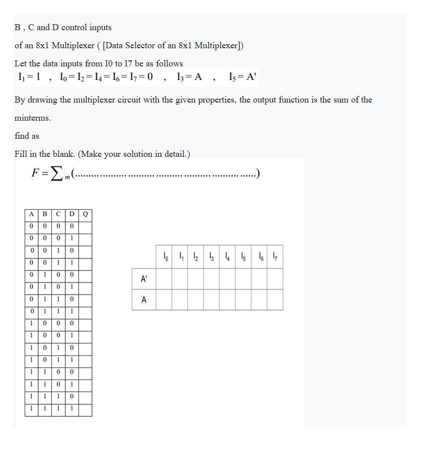 Solved B, C and D control inputs of an 8x1 Multiplexer ( | Chegg.com