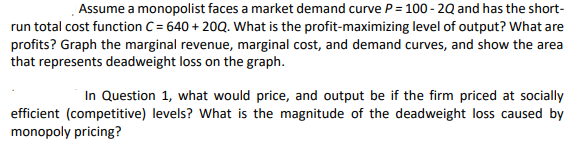 Solved Assume a monopolist faces a market demand curve P = | Chegg.com