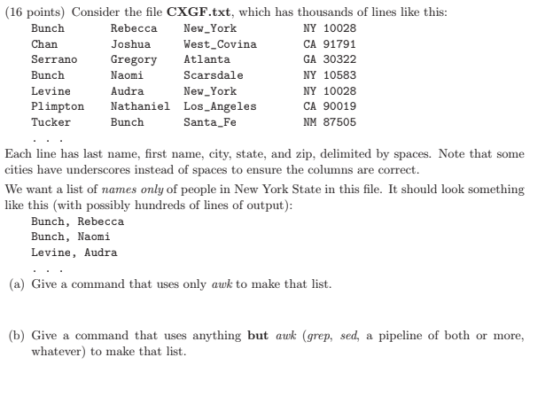 Solved Each line has last name, first name, city, state, and | Chegg.com