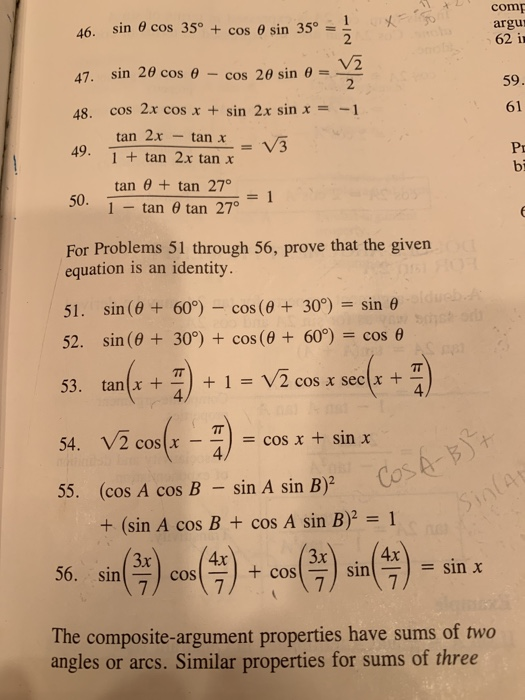 Solved comp argu 62 i 46. sin θ cos 35° + cos θ sin 35° =- | Chegg.com
