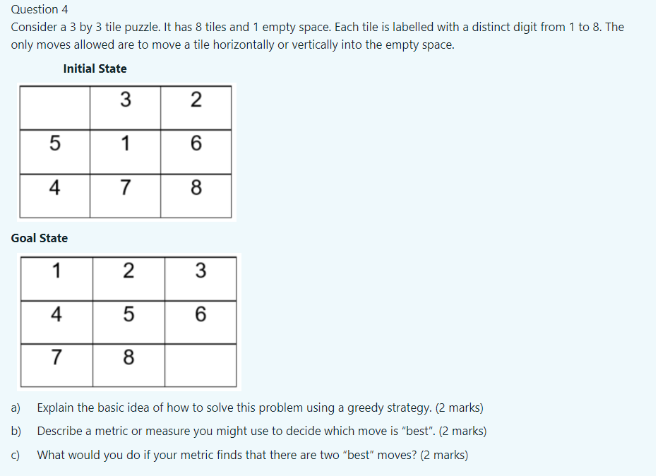 Solved Question 4 Consider a 3 by 3 tile puzzle. It has 8 | Chegg.com