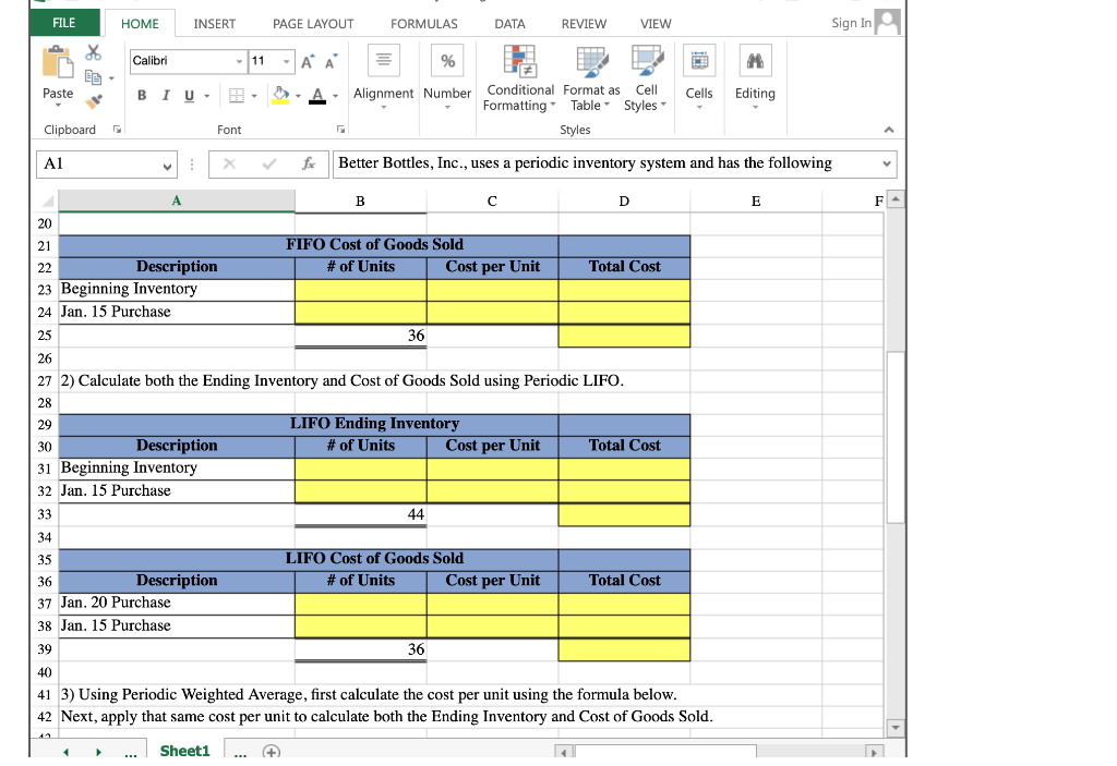 Solved Inventory Costing Methods using Excel's SUM and Basic | Chegg.com