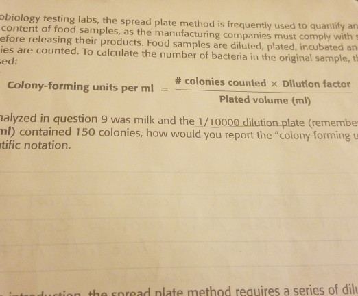 Solved in food microbiology testing lab, the spread plat | Chegg.com