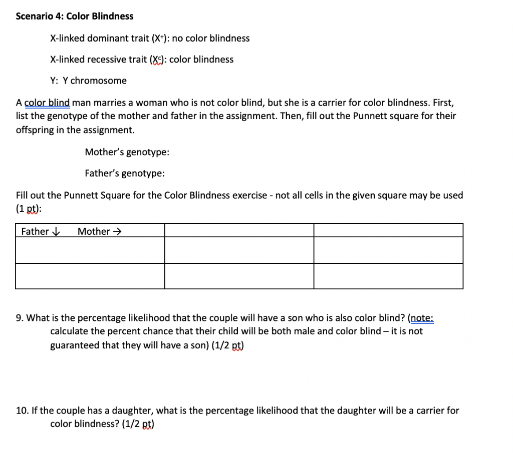 Solved Scenario 4: Color Blindness X-linked dominant trait | Chegg.com