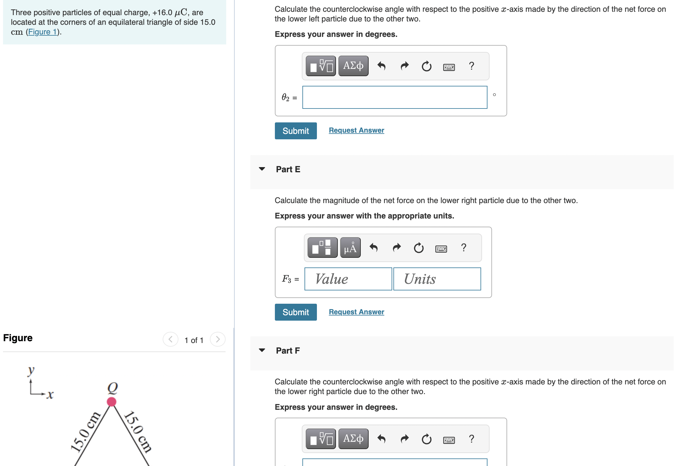 Solved Three positive particles of equal charge, +16.0μC, | Chegg.com
