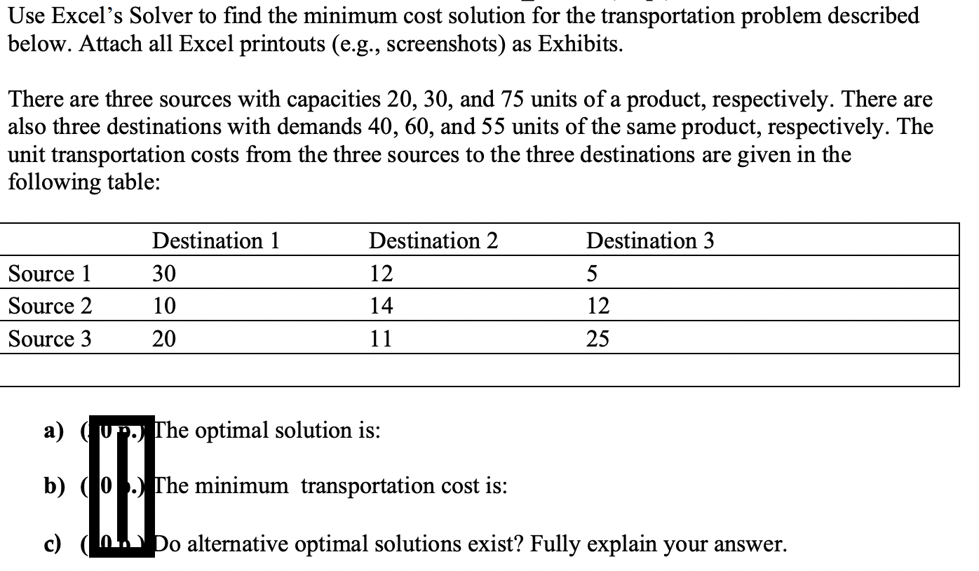 Solved Use Excel's Solver to find the minimum cost solution | Chegg.com