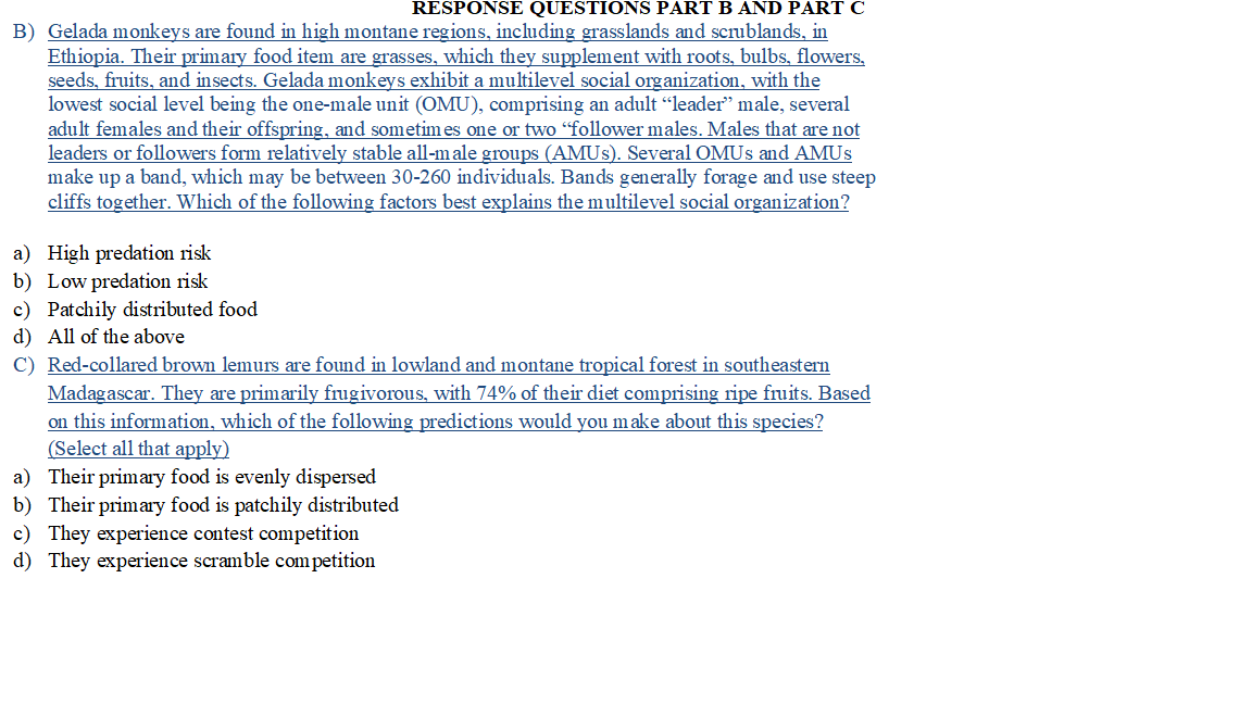 Solved RESPONSE QUESTIONS PART B AND PART C B) Gelada | Chegg.com