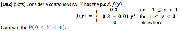 Solved [Q\#2] (5pts) Consider a continuous r.v. Y has the | Chegg.com