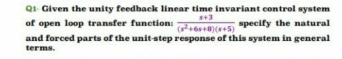 Solved Q1. Given the unity feedback linear time invariant | Chegg.com