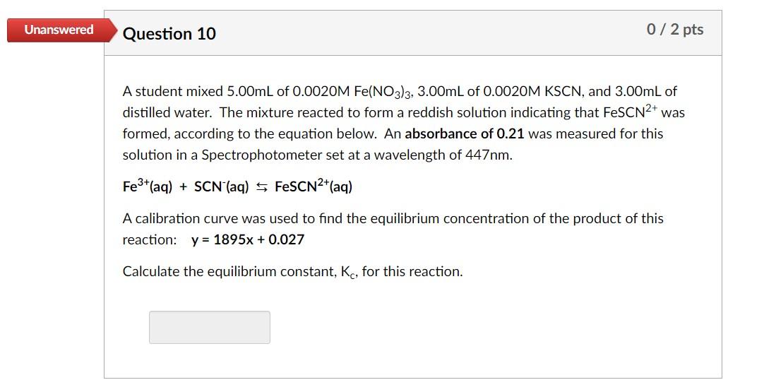 Solved A student mixed 5.00 mL of 0.0020MFe(NO3)3,3.00 mL of | Chegg.com