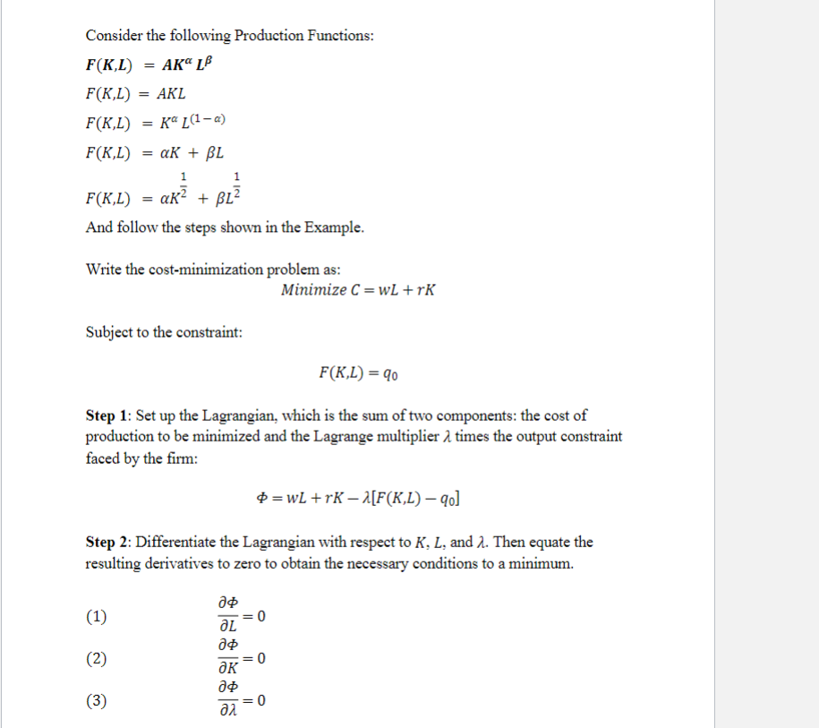 Consider the following Production Functions: | Chegg.com