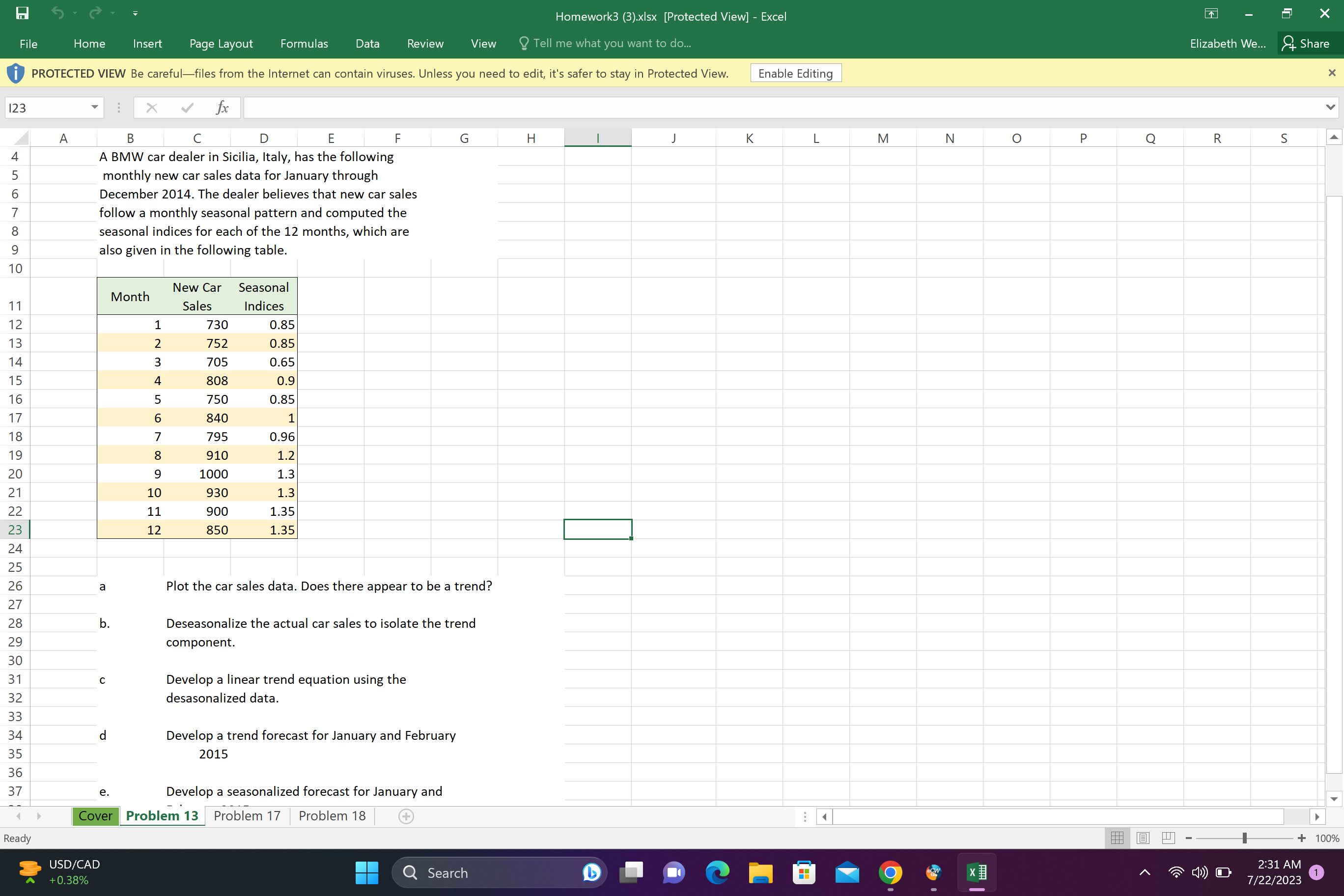 Solved Homework3 (3).xlsx [Protected View] - Excel File Home | Chegg.com