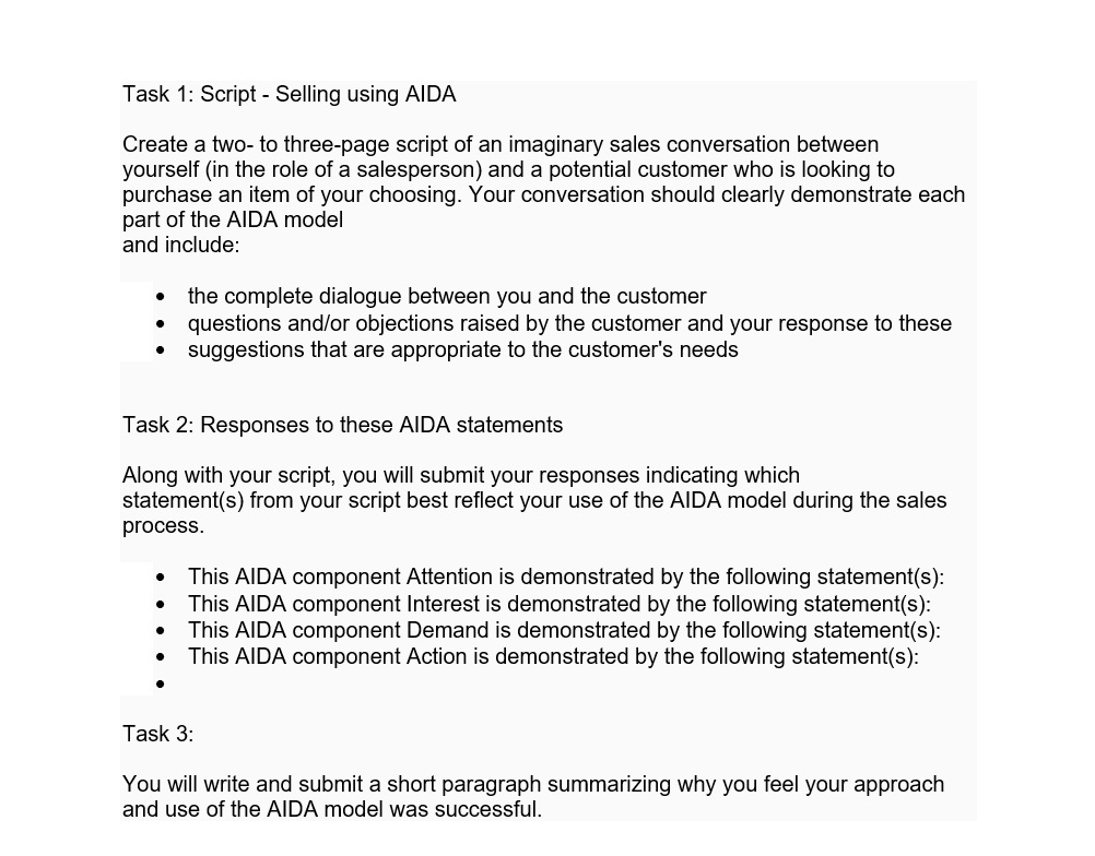 Solved Task 1: Script - ﻿Selling using AIDACreate a two- ﻿to | Chegg.com