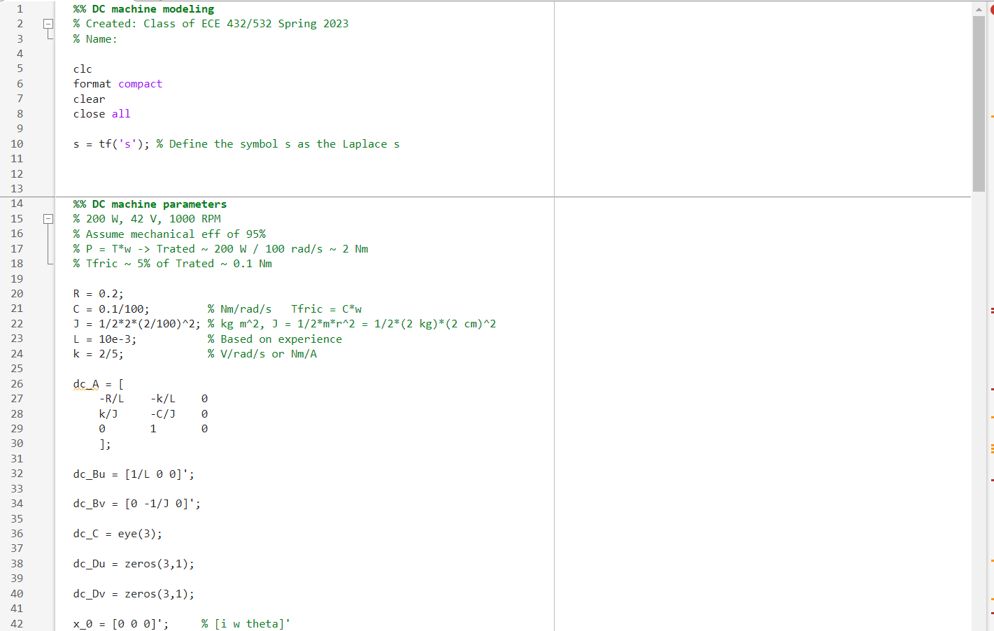 Solved \%\% DC machine modeling \% Created: Class of ECE | Chegg.com
