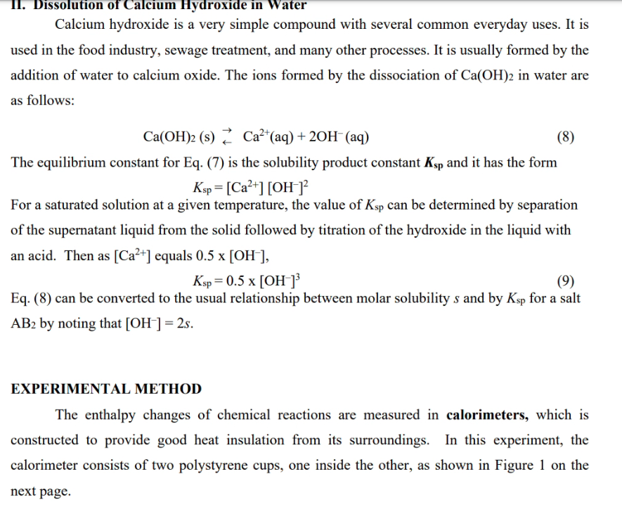 II. Dissolution of Calcium Hydroxide in Water Calcium | Chegg.com