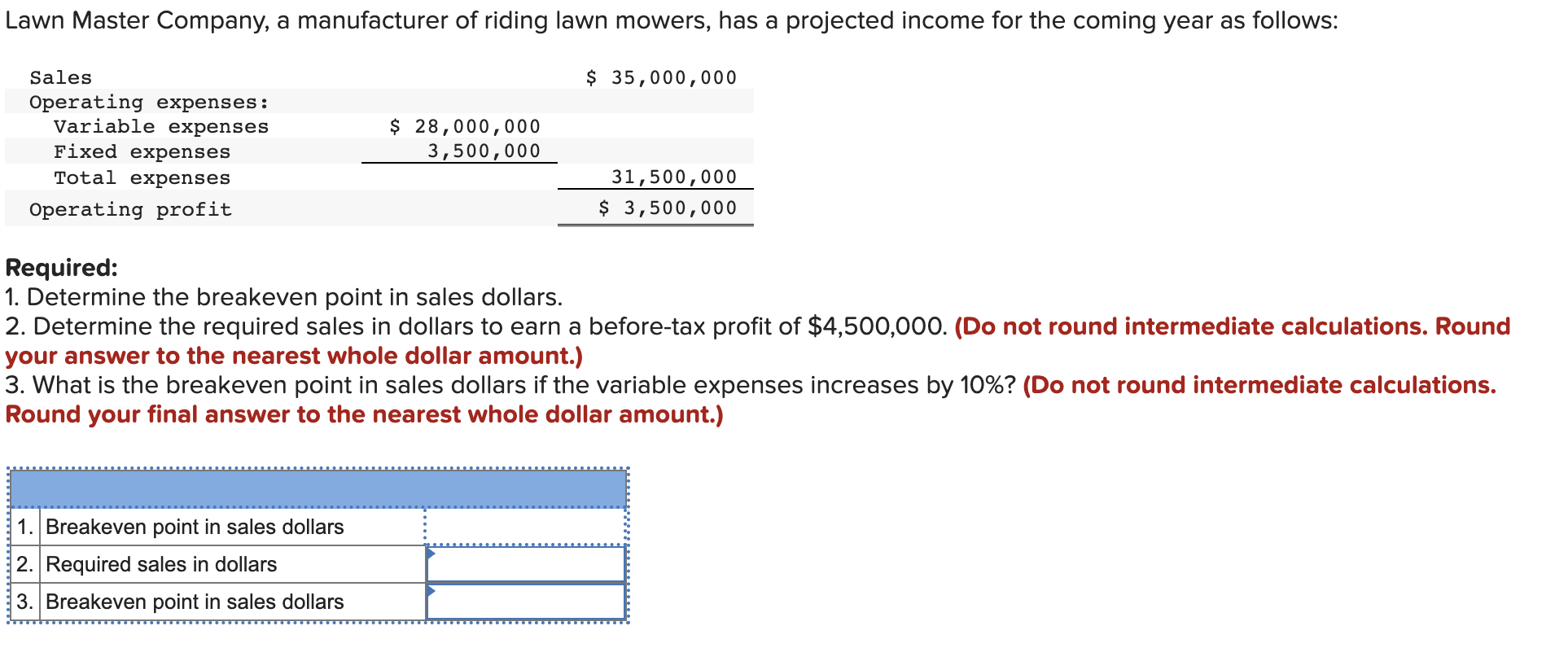 Solved Required: 1. Determine the breakeven point in sales | Chegg.com