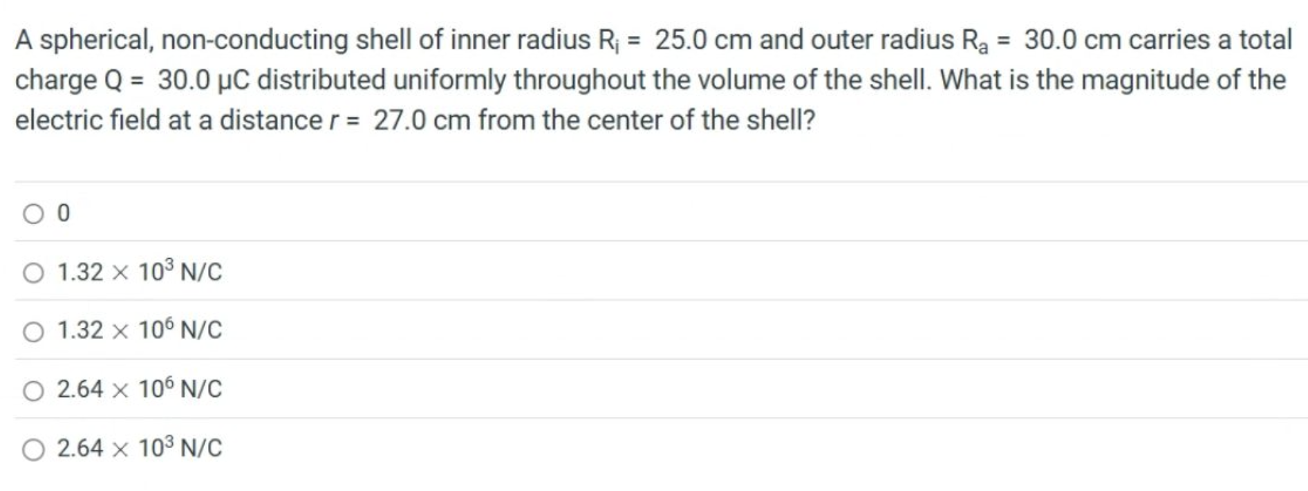 Solved A spherical, non-conducting shell of ﻿inner radius | Chegg.com