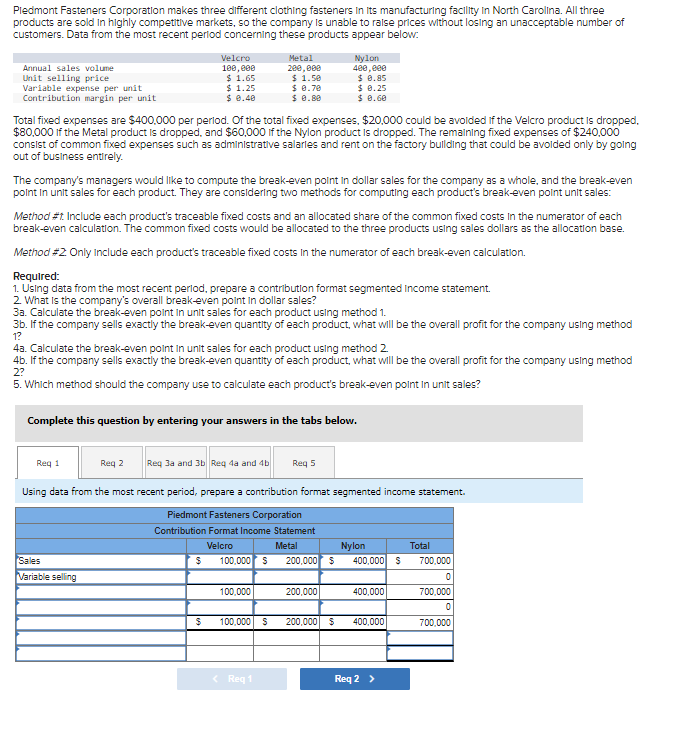 Solved Piedmont Fasteners Corporation makes three different | Chegg.com