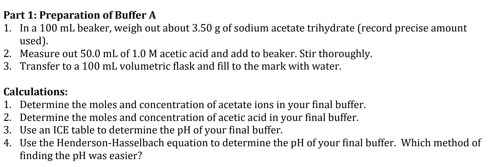Solved Part 1: Preparation of Buffer A 1. In a 100 mL | Chegg.com