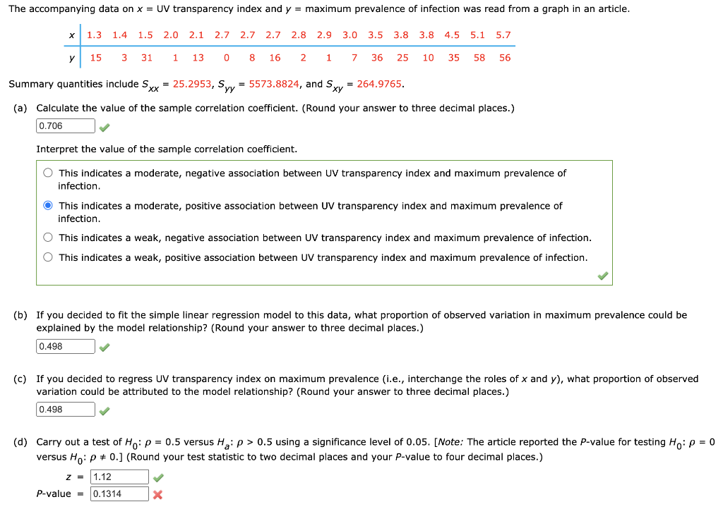Solved The accompanying data on x = UV transparency index | Chegg.com