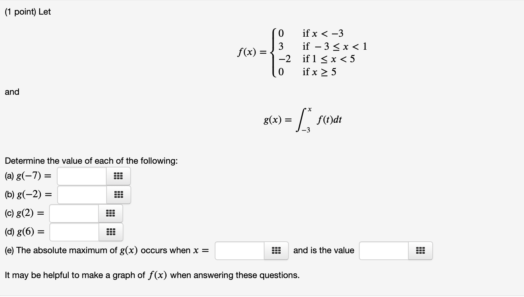 Solved (1 point) Let f(x)=⎩⎨⎧03−20 if x