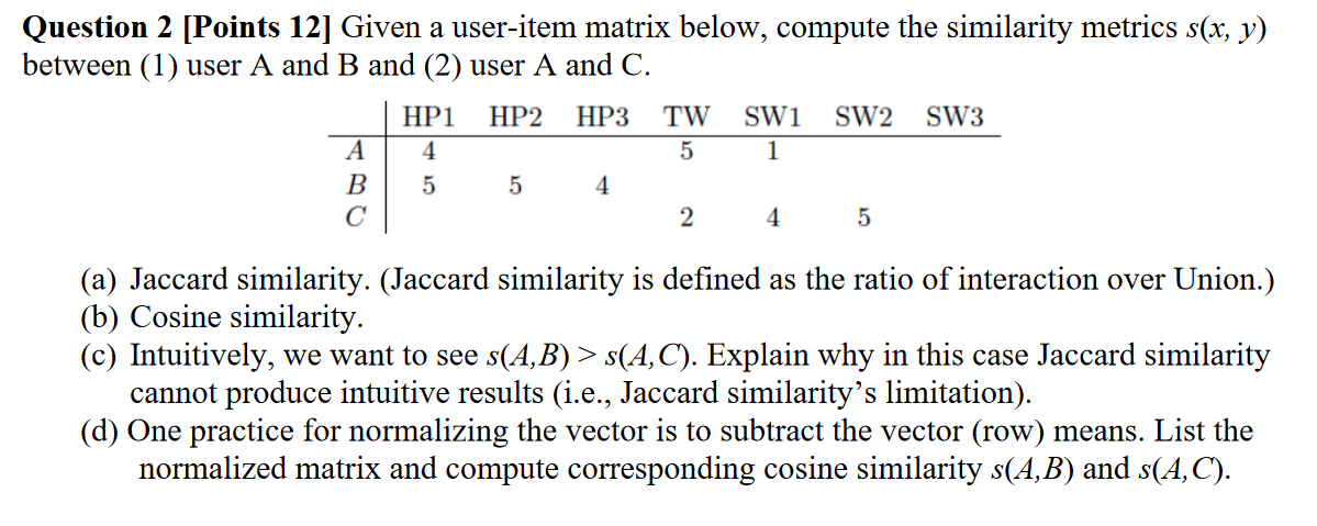 Question 2 [Points 12] Given a user-item matrix | Chegg.com