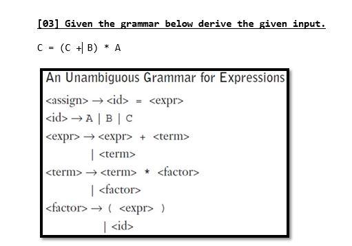 Solved [@3] Given the grammar below derive the given input. | Chegg.com