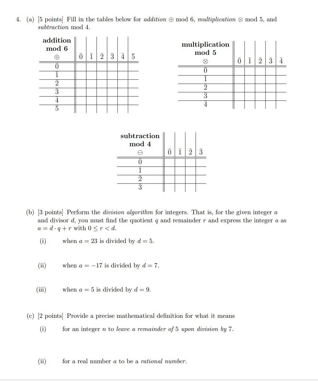 Solved 4. (a) [5 points] Fill in the tables below for | Chegg.com
