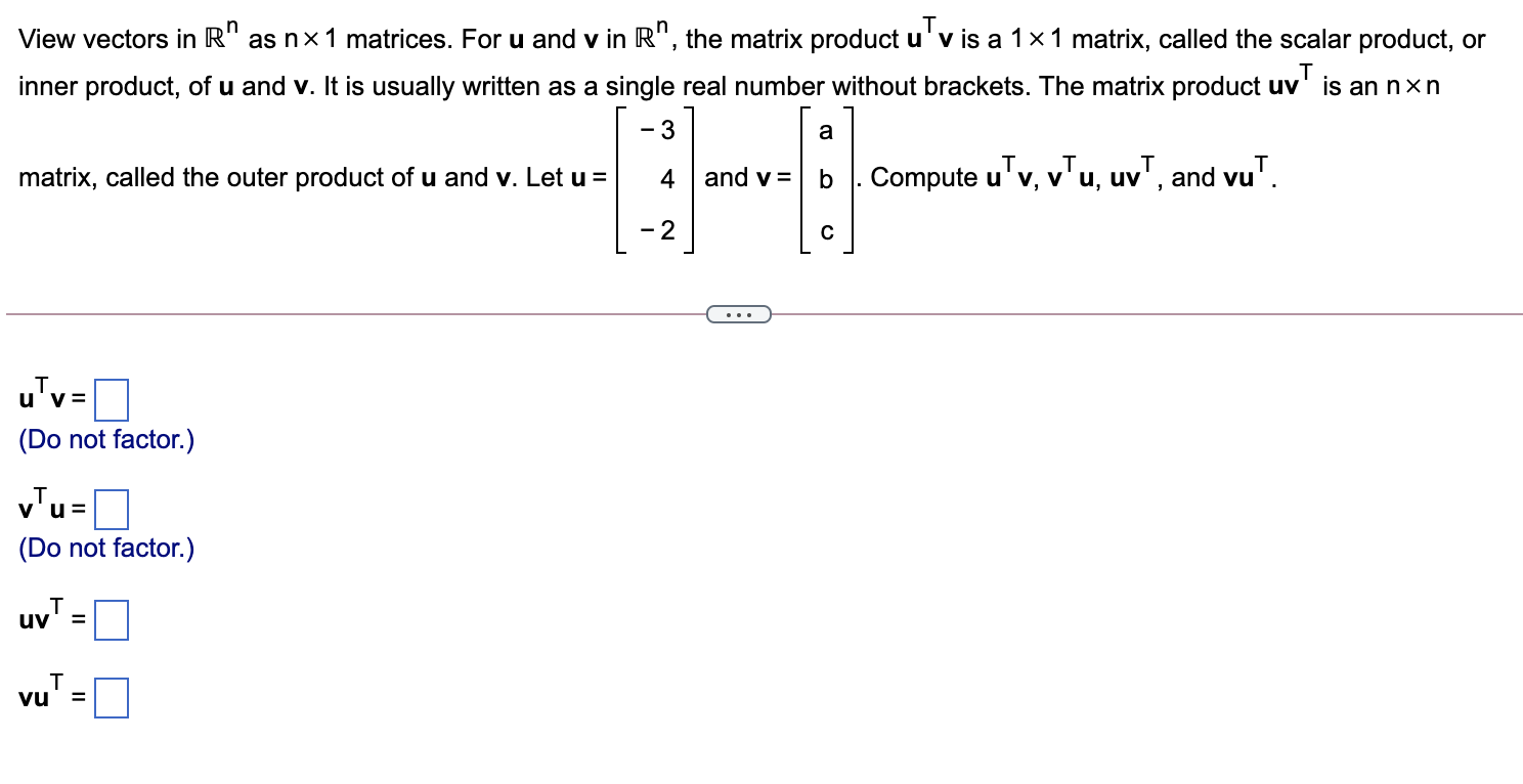 Solved n View vectors in R" as nx 1 matrices. For u and v in | Chegg.com